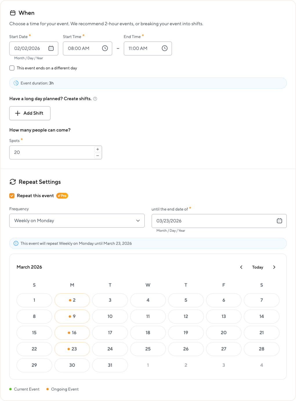 How to Create an ongoing event or require a commitment? (Pro)