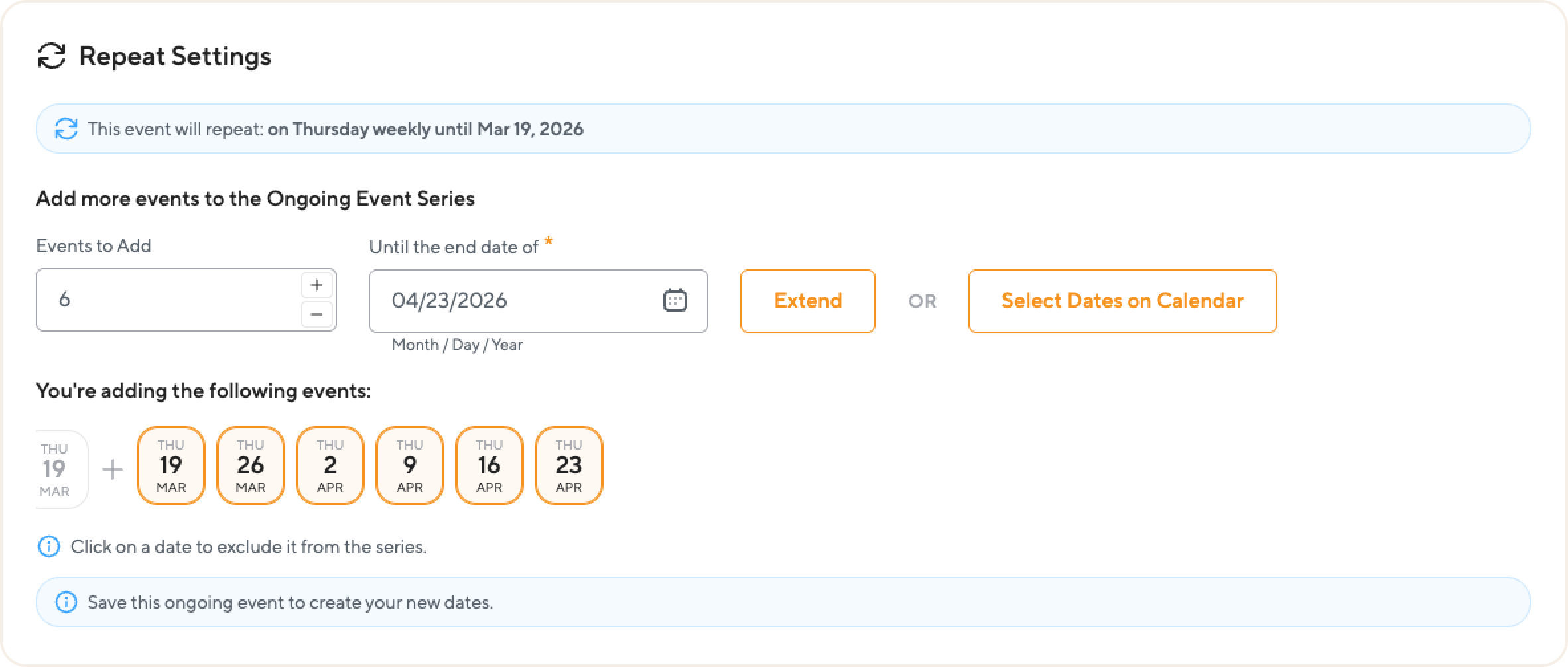 How to Extend an Ongoing Event Series or Add Custom Dates?