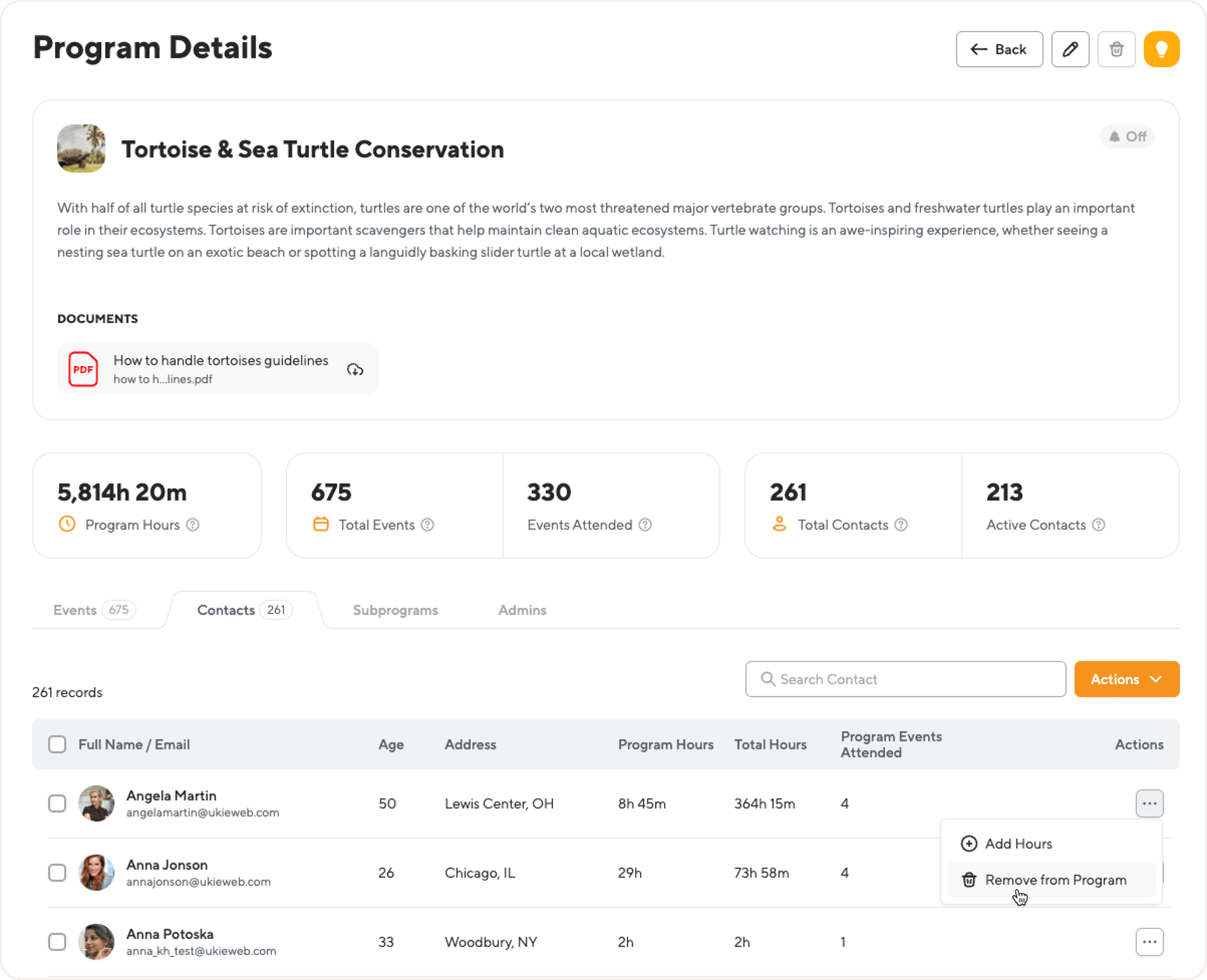 How to add or remove a volunteer contact to a program or subprogram?